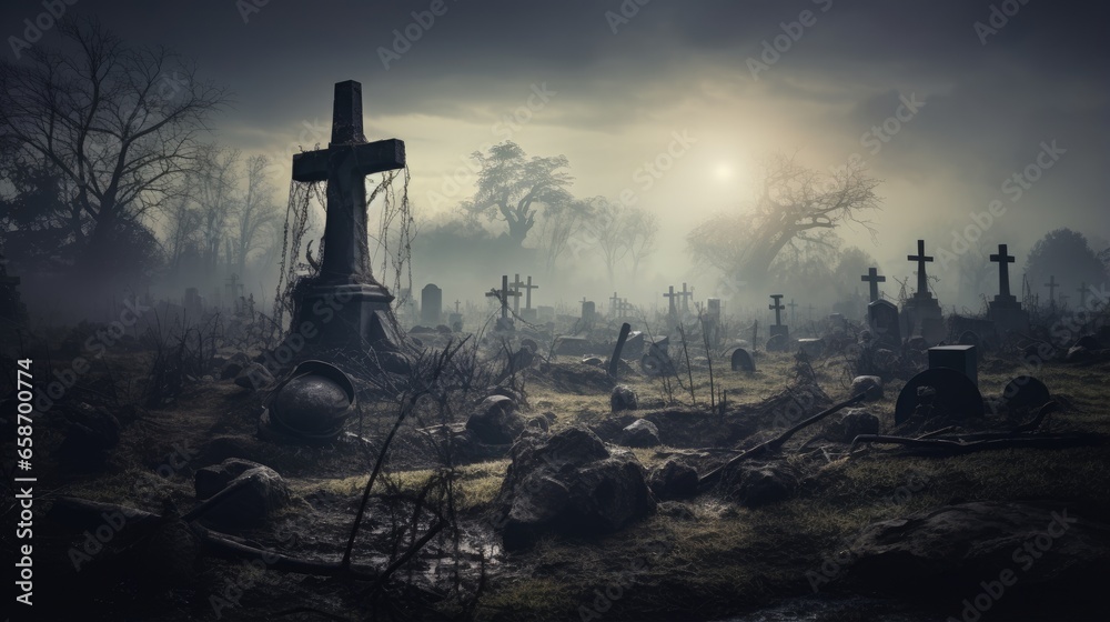 Eerie fog envelops ancient graveyard archaic mausoleums towering ...