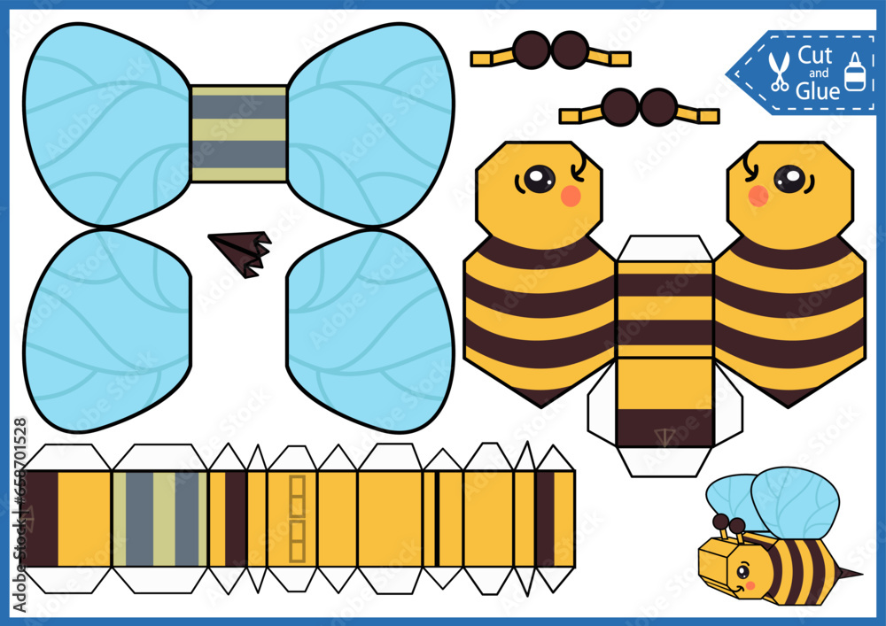 Craft game cut and glue paper 3d bee. Kids papercraft template cute ...