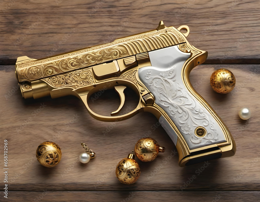 Golden pistol with ivory handles and engraved ornaments. generative ai ...