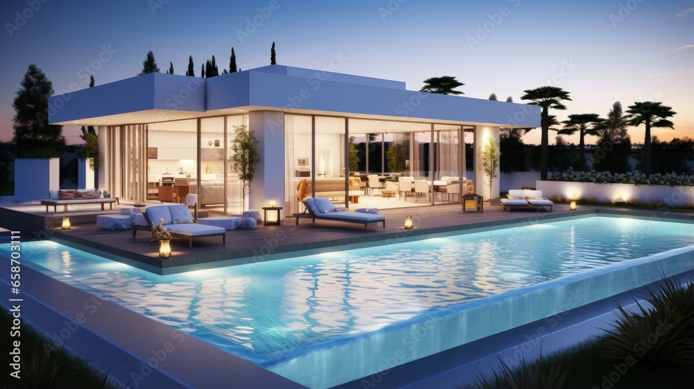 Illuminate the modern style white house s swimming pool terrace with ...