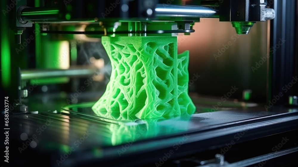 A modern 3D printer uses melted green plastic to create close up models ...