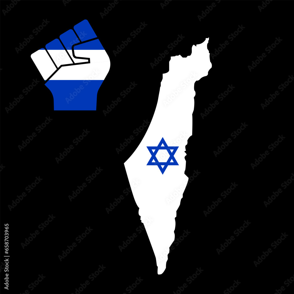 Strong Israel. Raised fist on blue and white Israeli national colour in ...