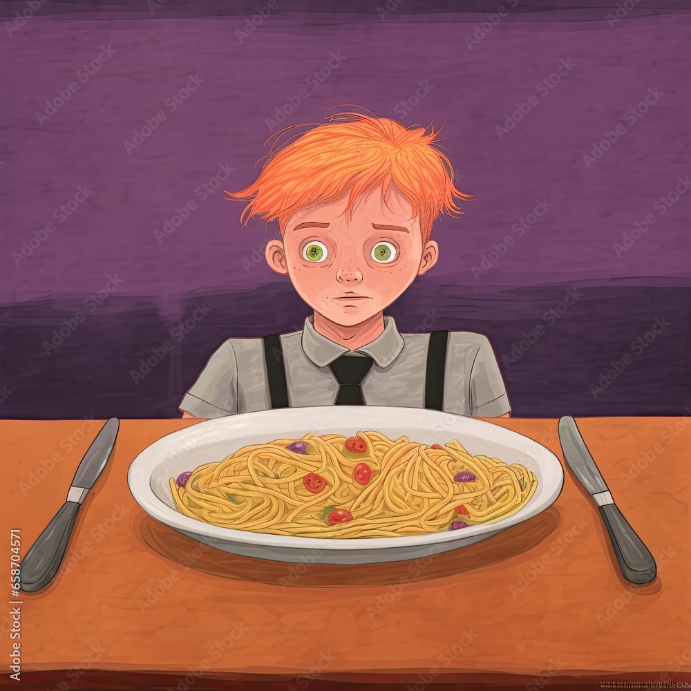 AI illustration of a distracted child during their meal sitting in ...