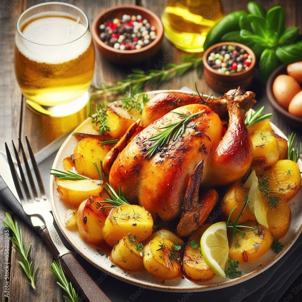 Delicioso plato de pollo asado con patatas y verduras Stock Photo ...