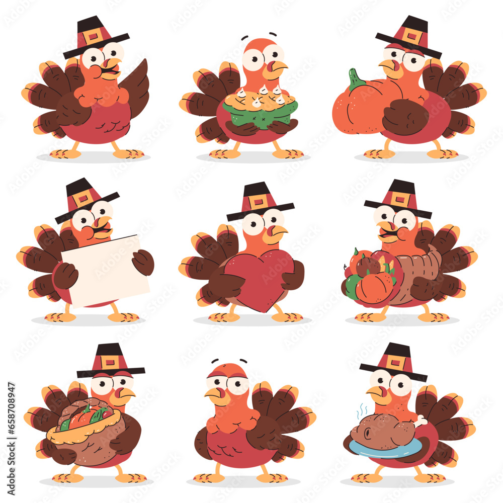 Cute cartoon turkey vector Thanksgiving characters set isolated on a ...