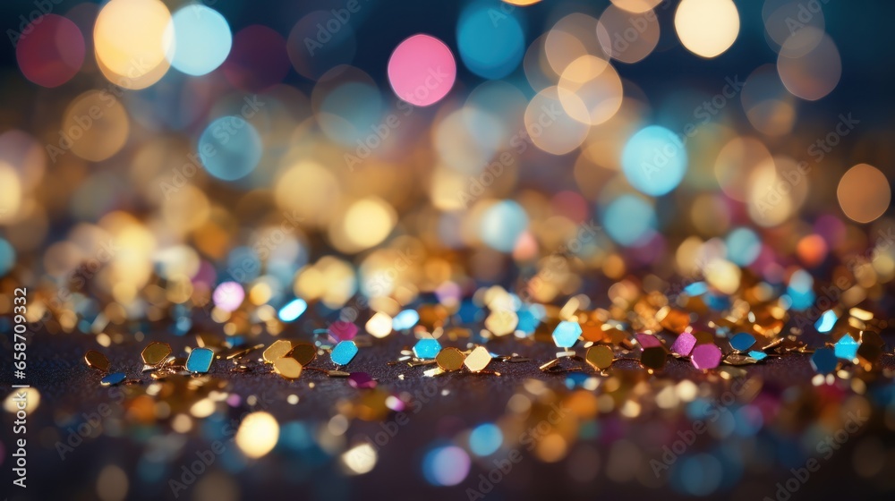 Glittering confetti falling against a bokeh light display. Sparkling ...
