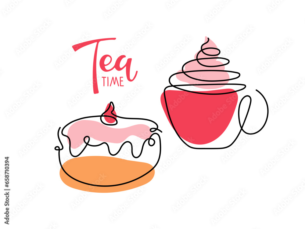 Tea time. Continuous one line drawing hot drink cup and bakery doughnut ...