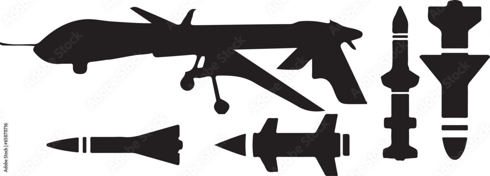 Vetor de Black silhouette of military drone. Top, front and side view ...