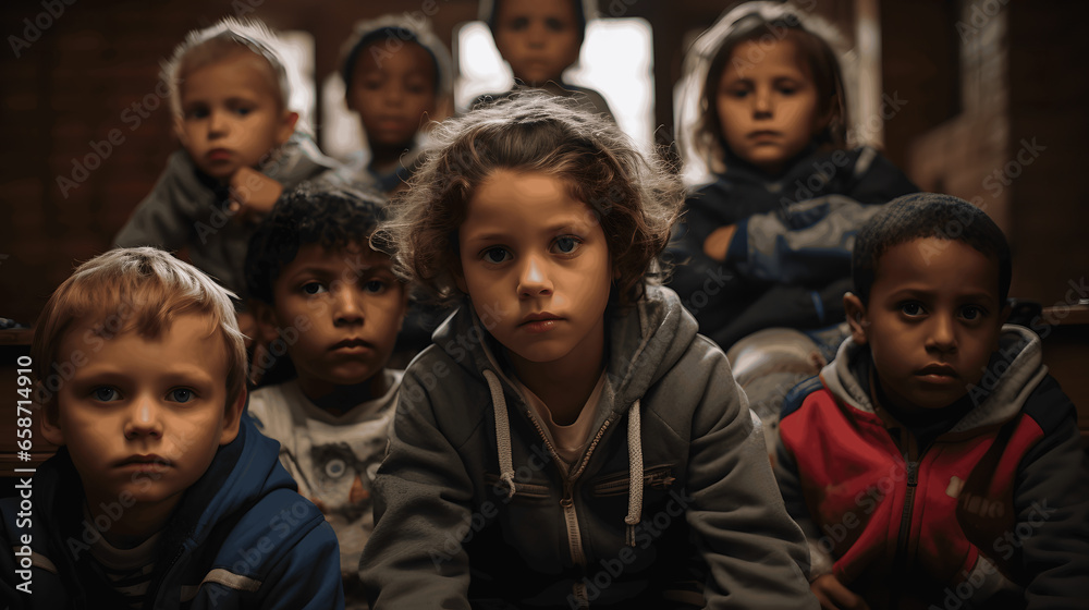 Innocence Amidst Hardship, Poorly Dressed Kids Gaze at the Camera Stock ...