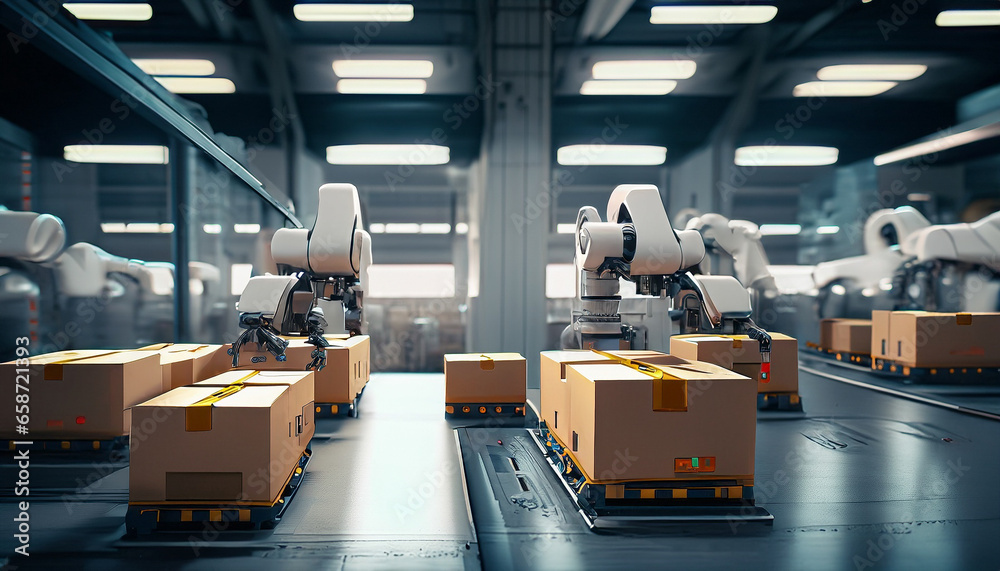 Futuristic factory automation, robots in synchronized motion, precision ...