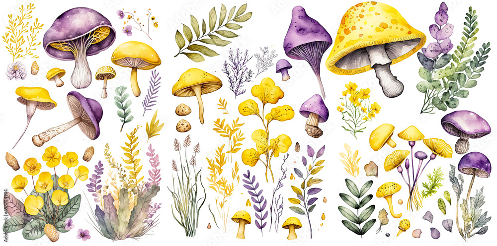 Set of Mushroom watercolor collection of hand drawn, Mushroom Lavender ...