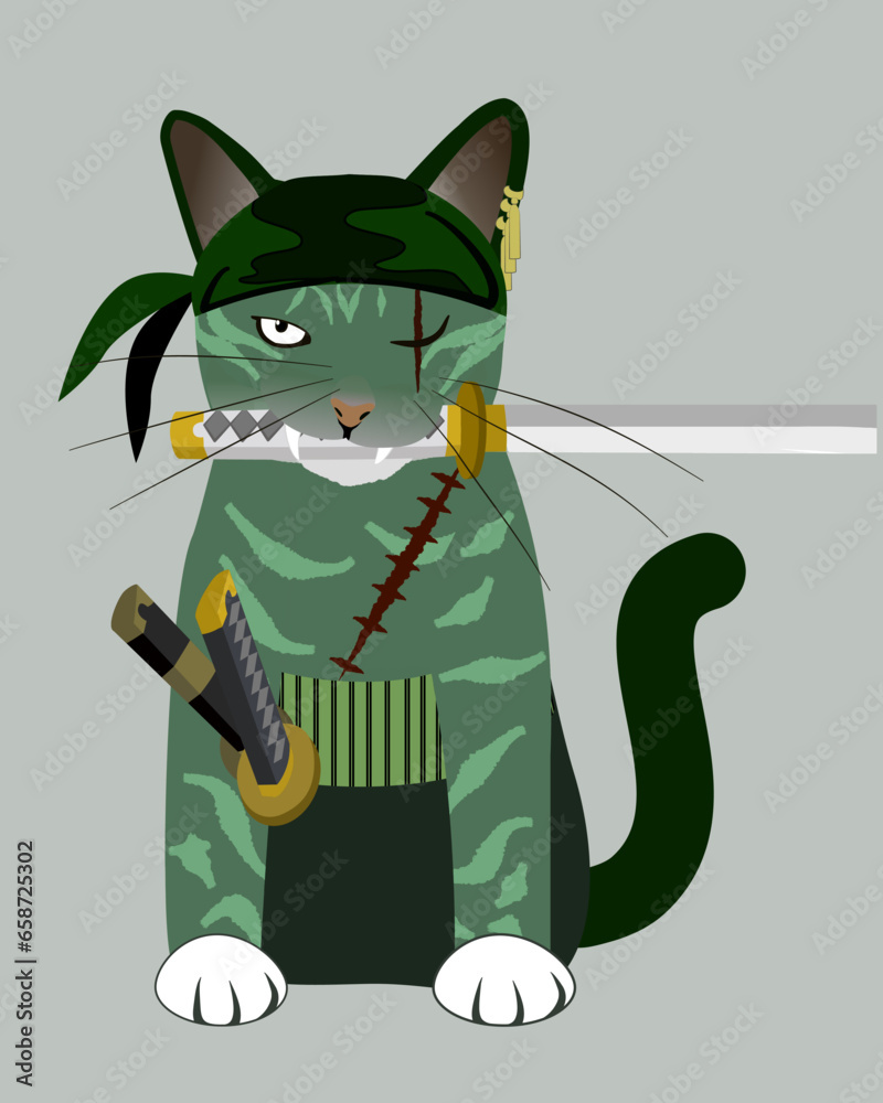 Vetor de Roronoa Zoro character as a cat, of Japanese manga series One ...