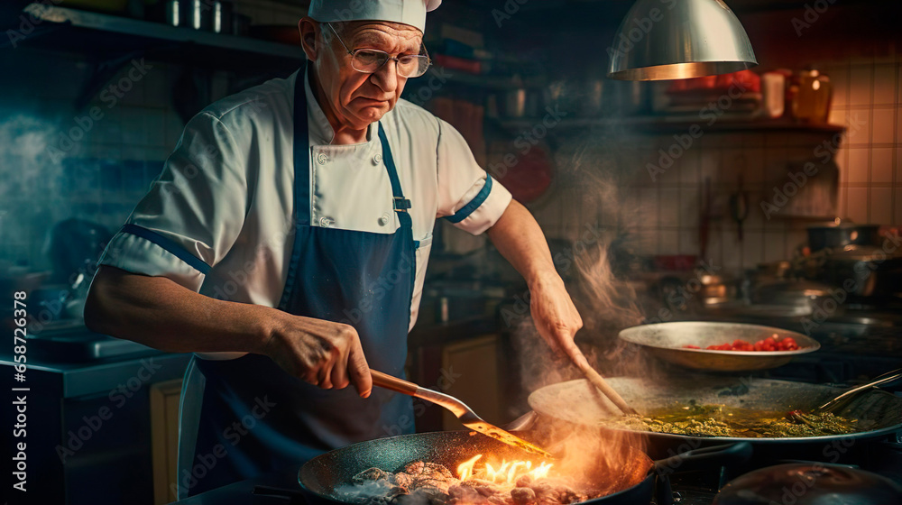 Professional elderly cook in uniform adds some spices to dish, prepares ...