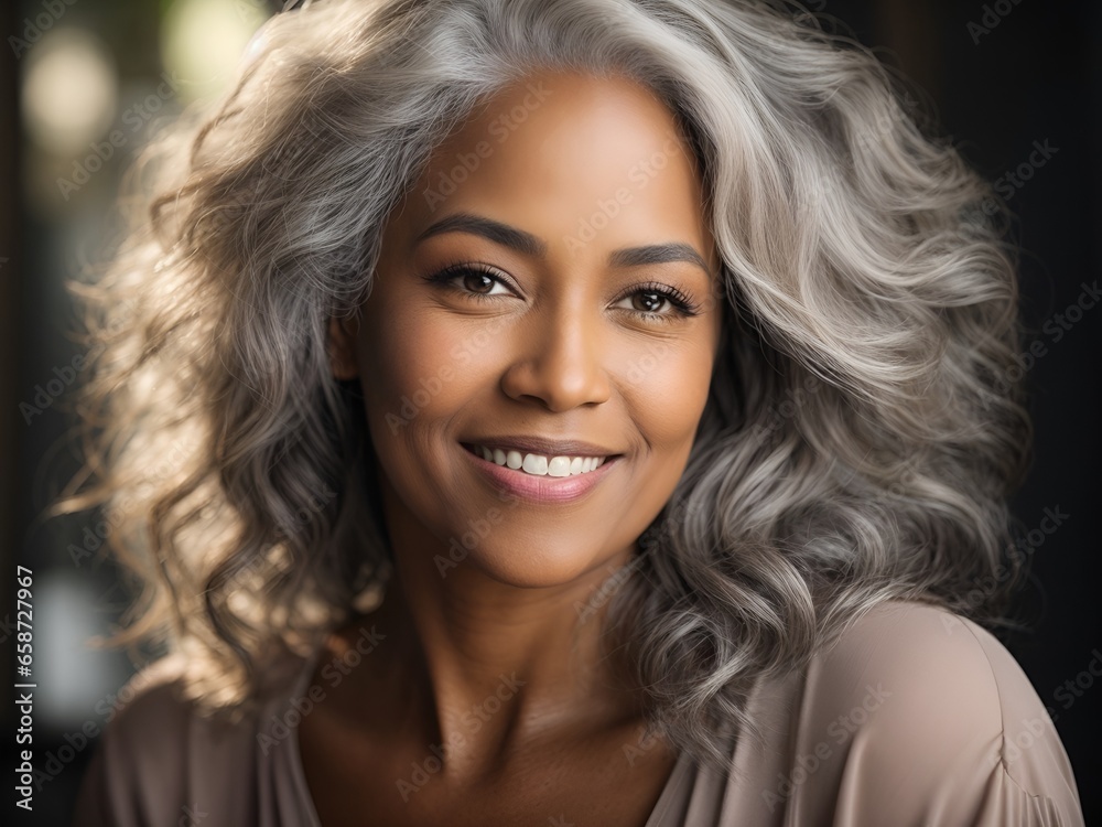 Black adult woman face with smooth healthy skin. Beautiful aging mature ...