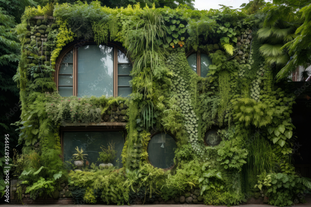 Residential building. Background from leaves and plants. Plant wall ...