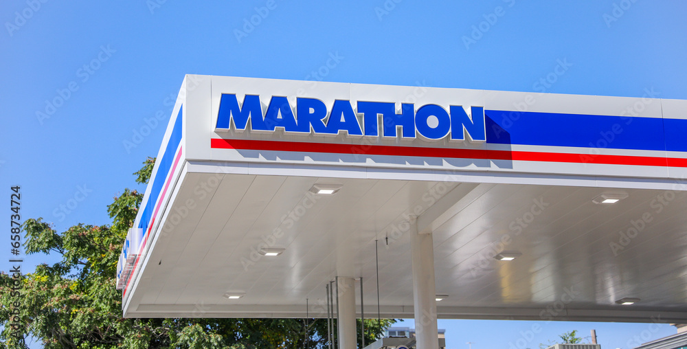 Boston, MA, USA, October, 7th 2023, Marathon gas station with towering ...