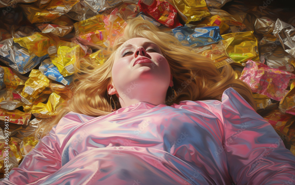AI-generated image of a woman buried under a mountain of discarded ...