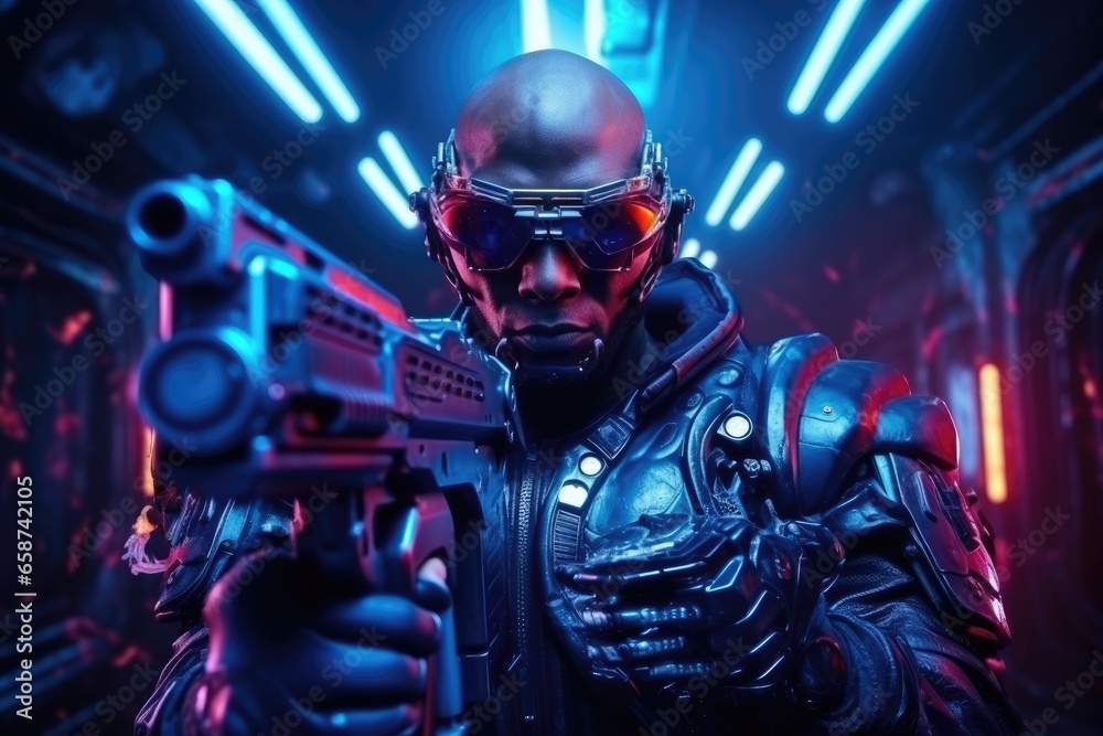 In a futuristic world, a cybernetic soldier, equipped with high-tech ...