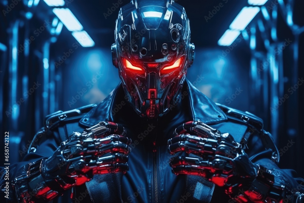 In a futuristic world, a cybernetic soldier, equipped with high-tech ...