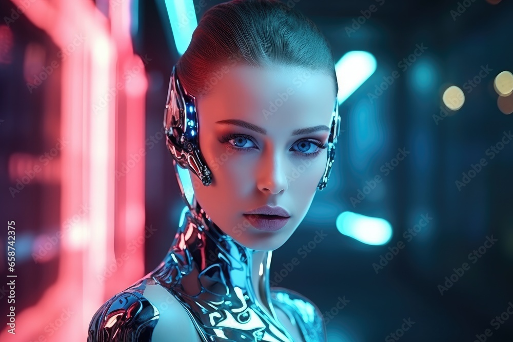 In a futuristic world, a beautiful female cyborg model with metallic ...