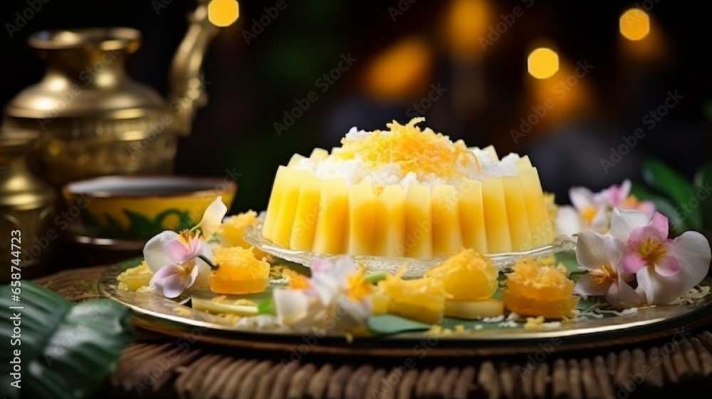 Thai dessert : Sticky rice cake and custard, dessert for wedding ...