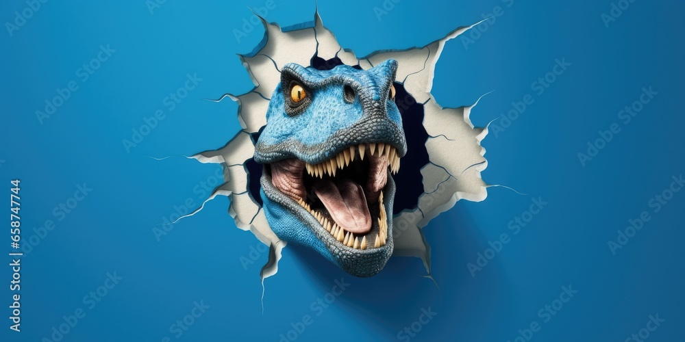 Cute T-Rex peeking out of a hole in wall, torn hole, empty copy space ...