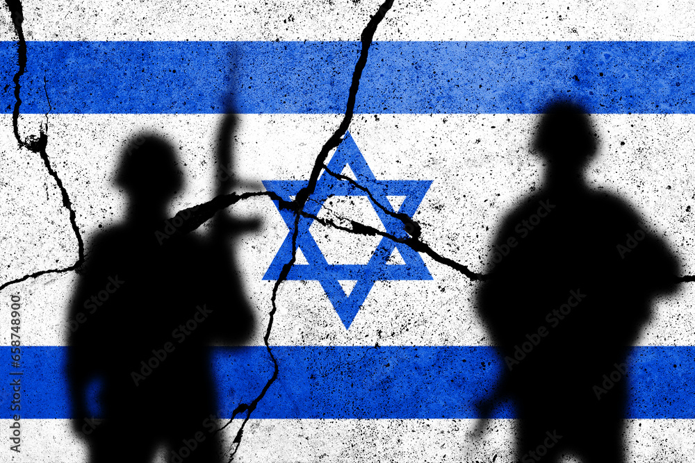Poster Flags of Israel painted on the concrete wall with soldiers ...