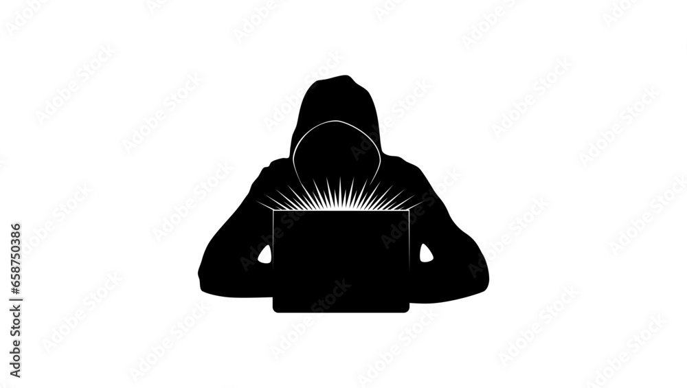 Hacker silhouette, guy with a covered face working on a laptop Stock ...