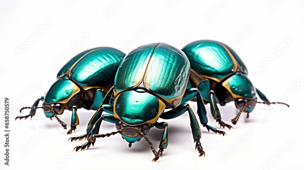 On a white background, three sacred scarab beetles roll a ball ...