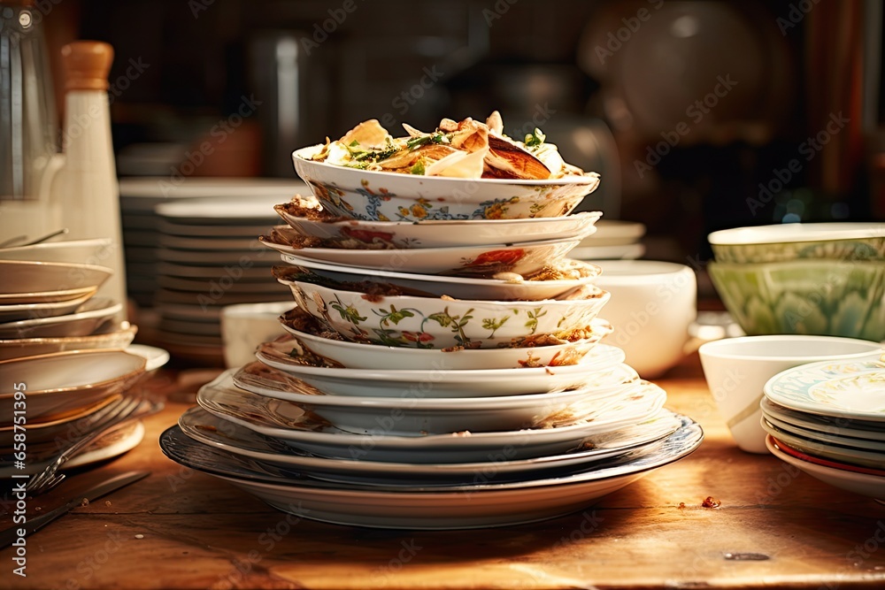 A messy stack of dirty plates, dishes and cutlery highlighting the ...
