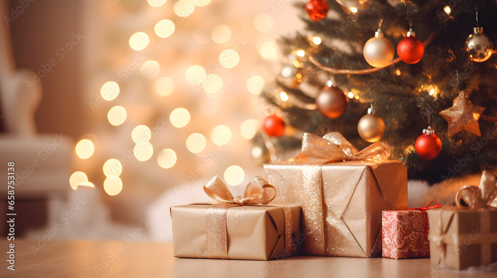 Des cadeaux au pied d'un sapin lors des fêtes de noël en décembre. foto ...