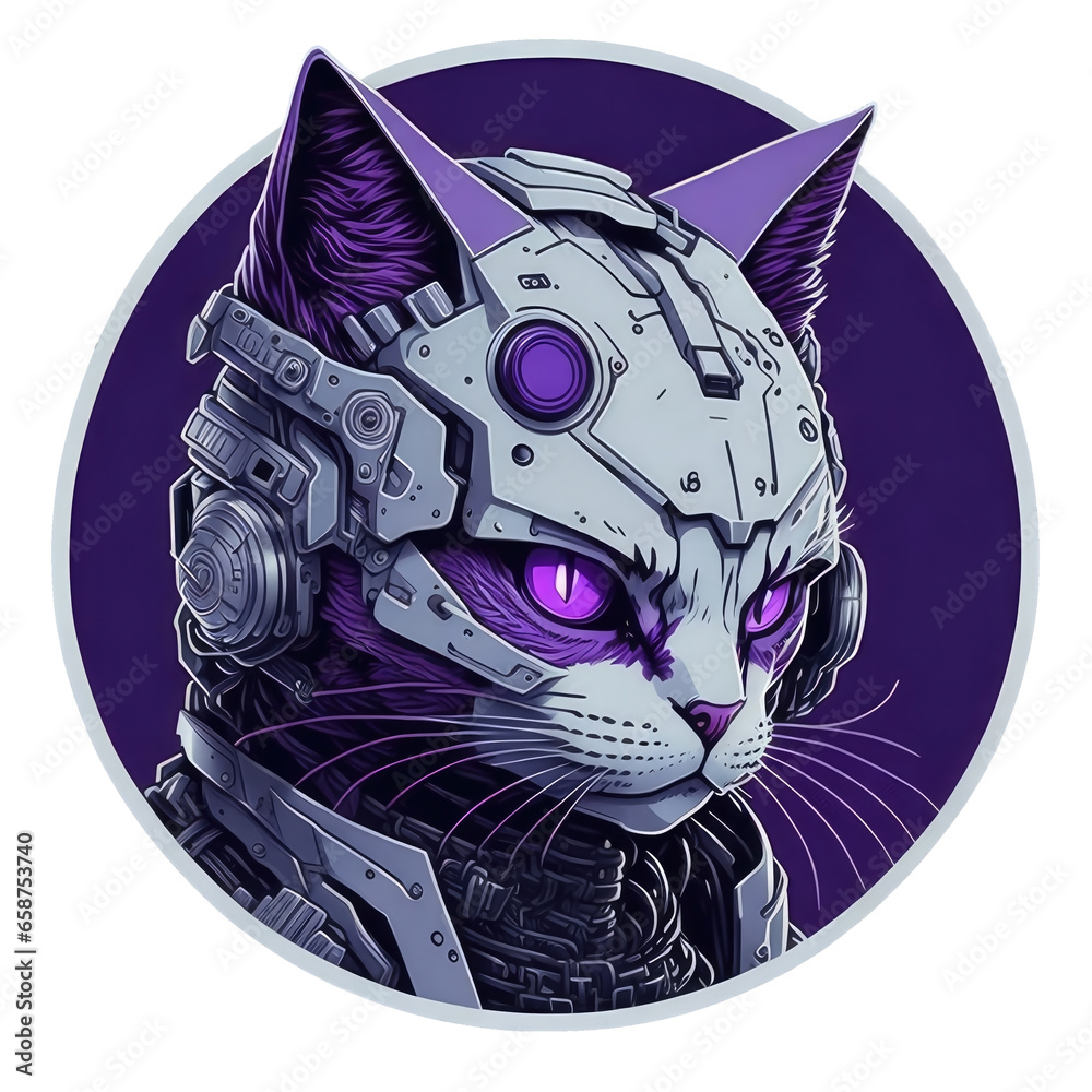 Cute cat, cyborg cat, white-purple cat, cat sticker, cat icon, cat logo ...