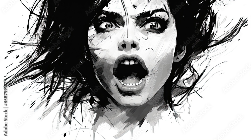 A frightened woman with a grimace of fear and terror on her face ...