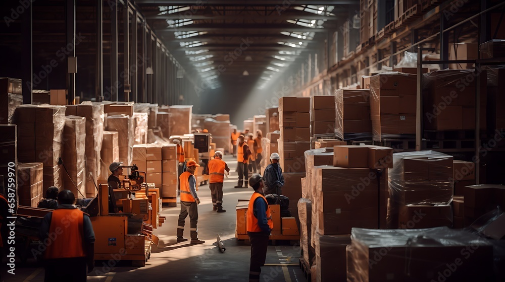 low angle view of warehouse worker in orange uniform working with ...