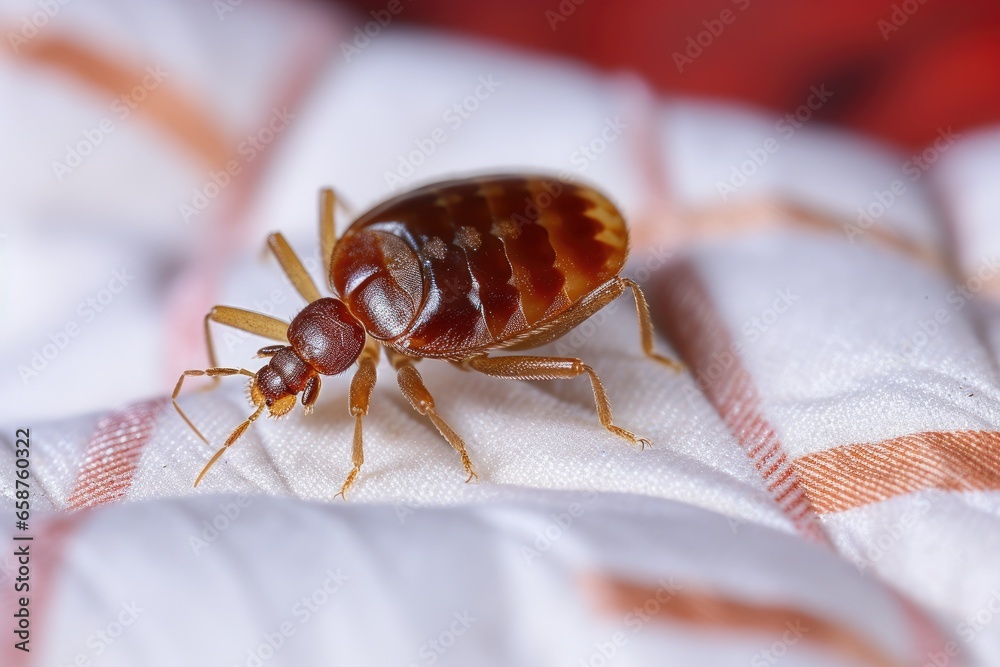 This close-up image captures a bed bug, a common household pest, as it ...