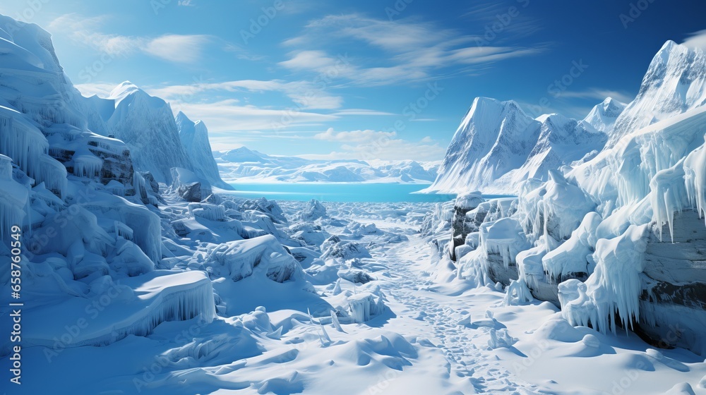 Antarctica and Arctic, glaciers and snowy landscape. Glacial retreat ...