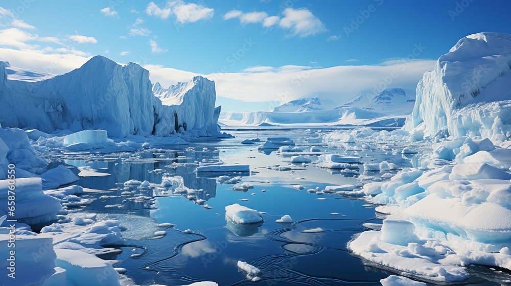 Antarctica and Arctic, glaciers and snowy landscape. Glacial retreat ...