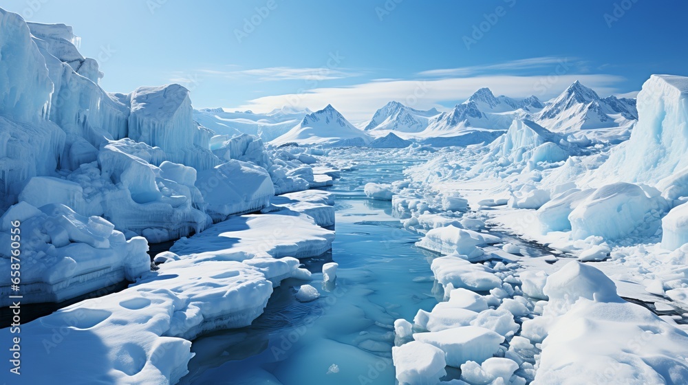 Antarctica and Arctic, glaciers and snowy landscape. Glacial retreat ...