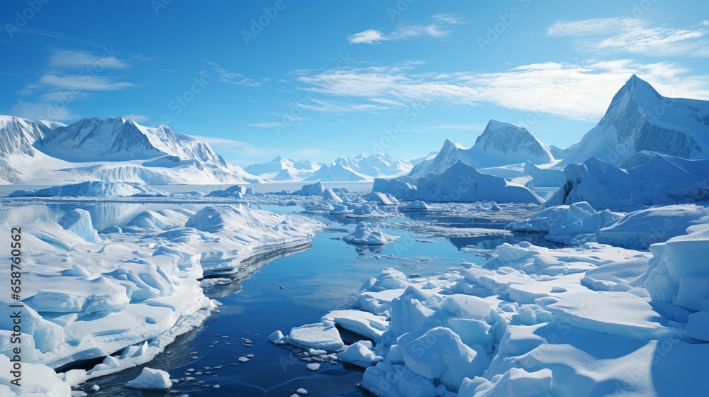 Antarctica and Arctic, glaciers and snowy landscape. Glacial retreat ...