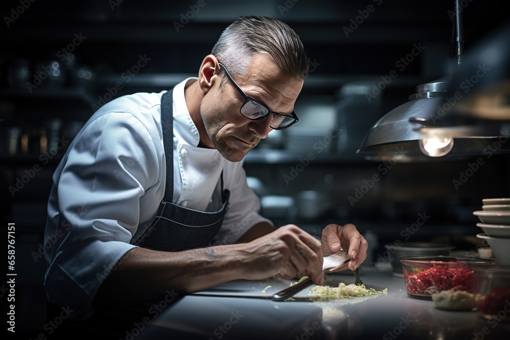 Handsome Chef man is cooking in the kitchen bright white room. Chef ...