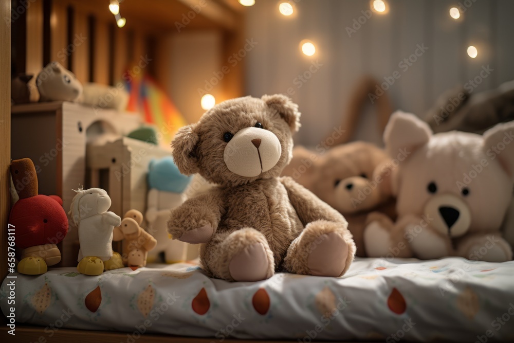 Child's crib, bed full of stuffed animals and teddy bear, cozy ...