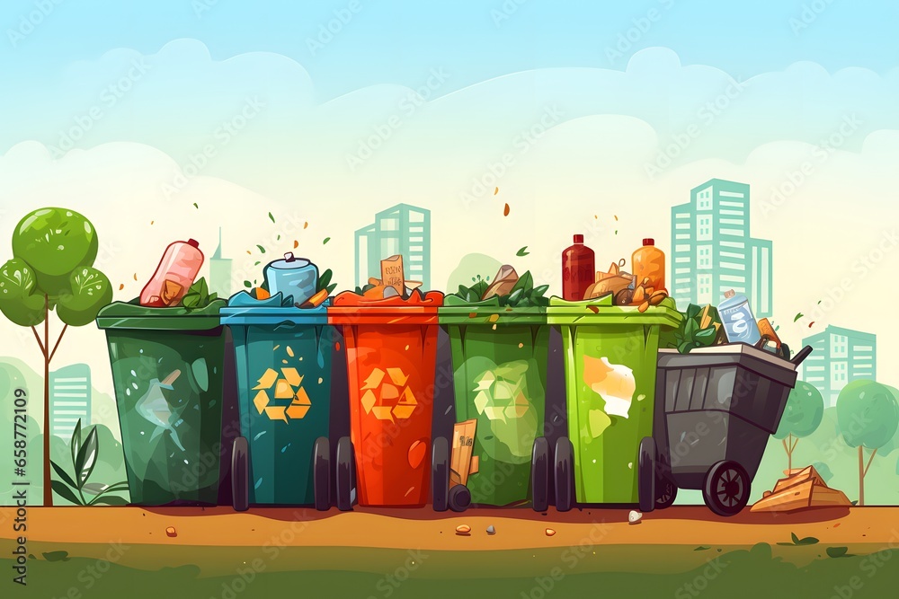 Collection of waste bins full of different types of garbage. Stock ...