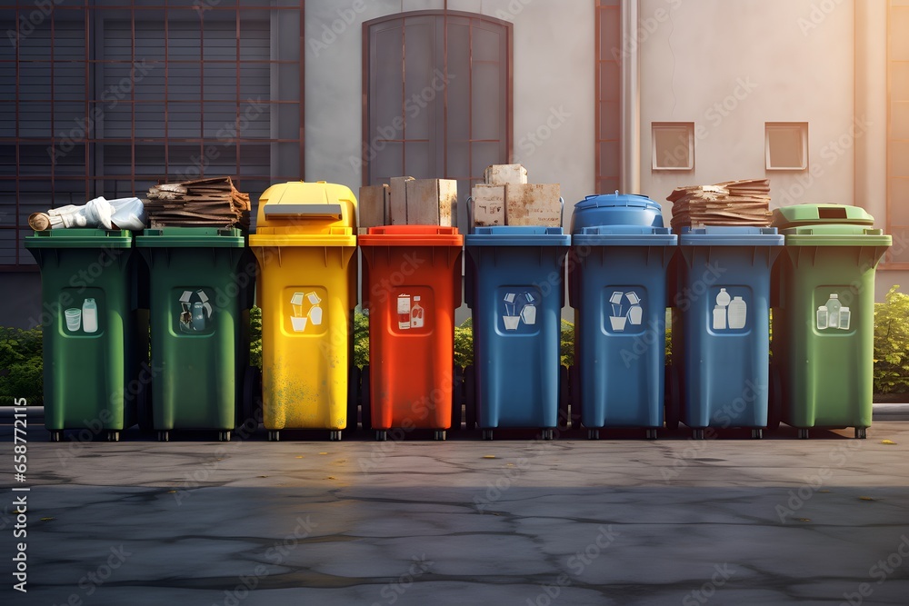 Collection of waste bins full of different types of garbage. Stock ...