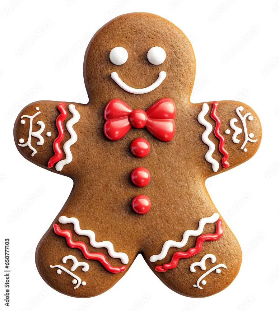Gingerbread Christmas cookie man with red bow. Isolated on a ...