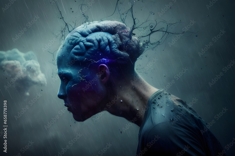 Dystopian vision of a worried and thoughtful man with a dark face ...