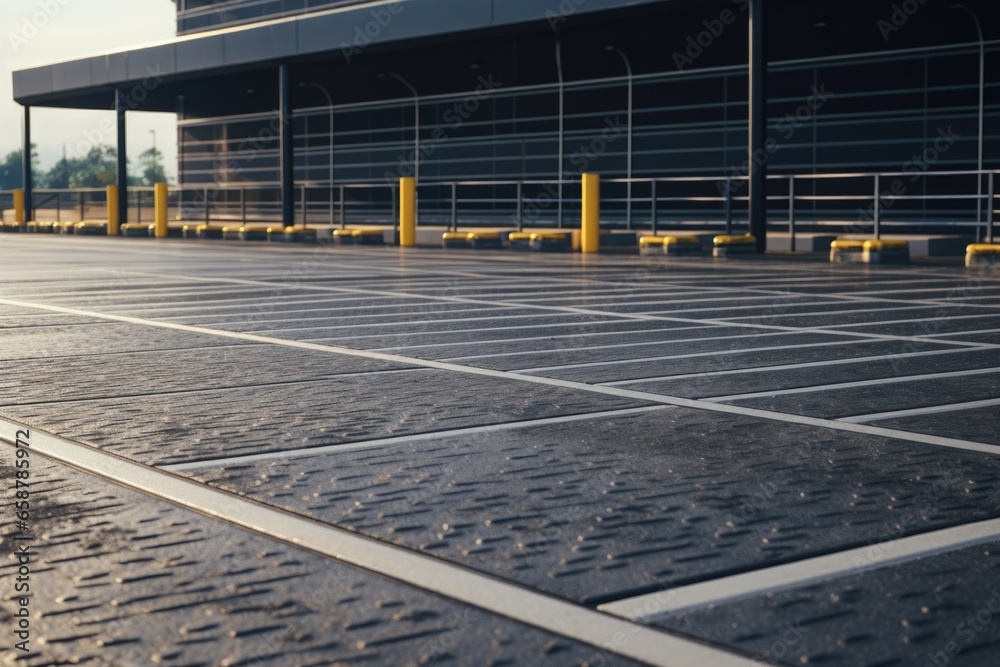 A picture of a parking lot with a parking meter in front of a building ...
