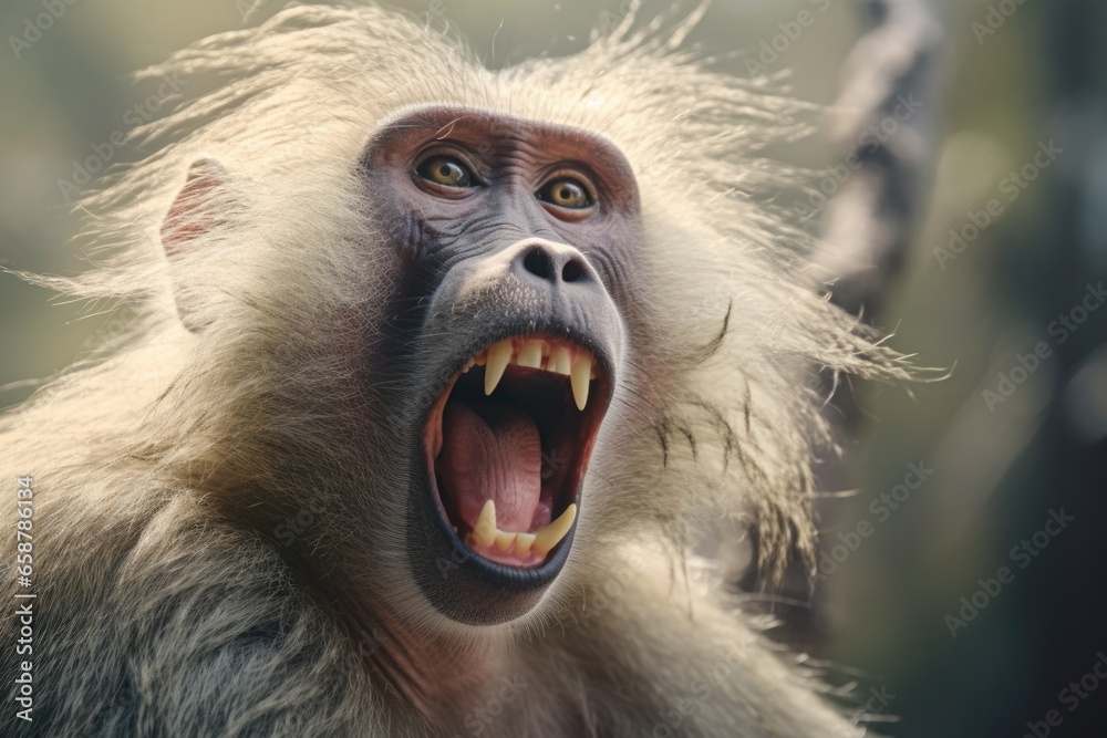 A close-up image of a monkey with its mouth open. This picture can be ...
