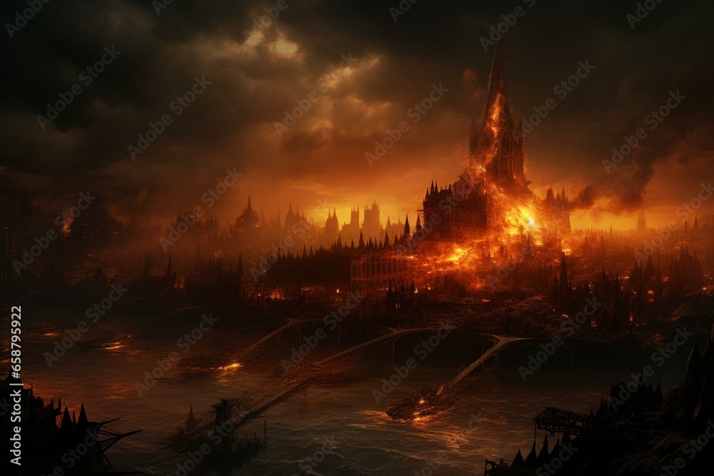City engulfed in flames, devastated by an apocalyptic fire, signaling ...