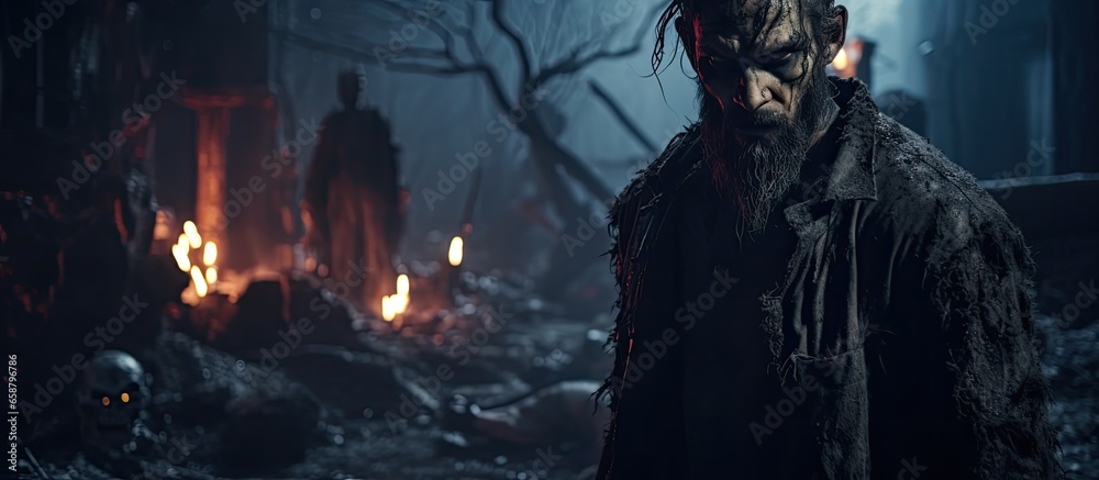 A horrifying zombie with an ax lurks in a dark cemetery With copyspace ...