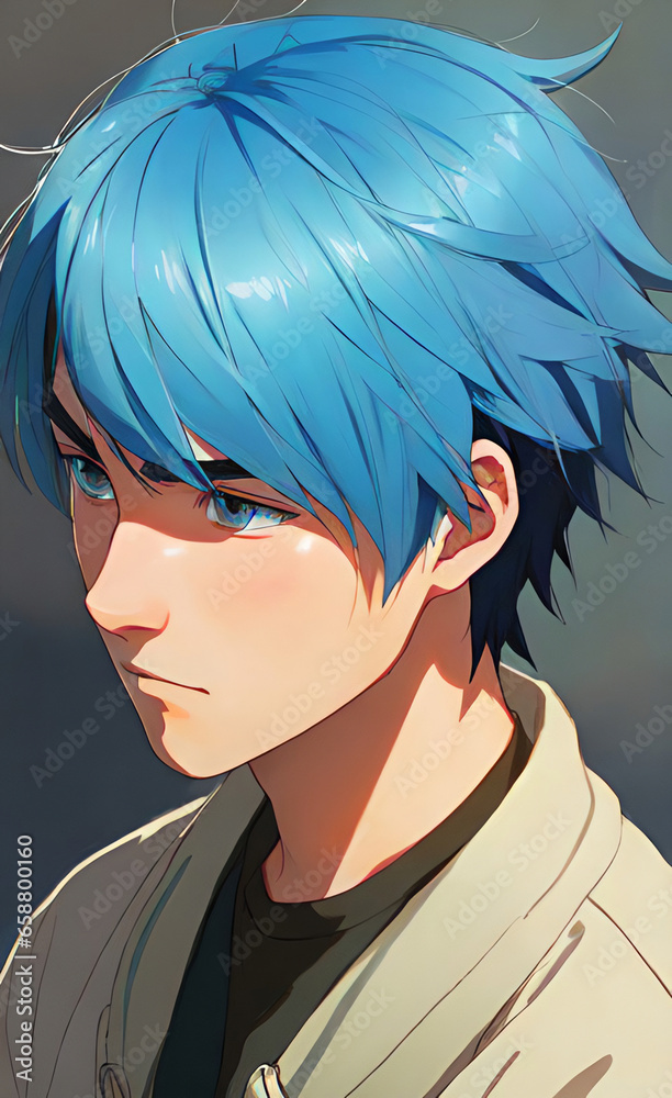 Anime male man with blue hair. Blue hair anime boy Manga style, anime ...